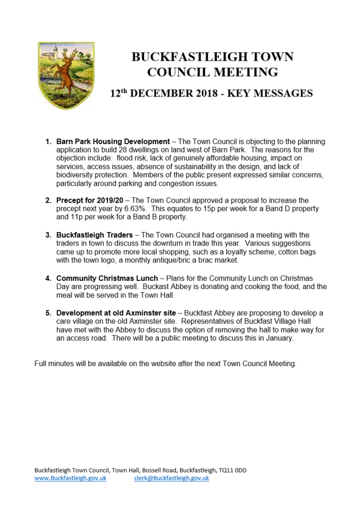 Town Council Meeting on 12th December – Key Messages – Buckfastleigh ...